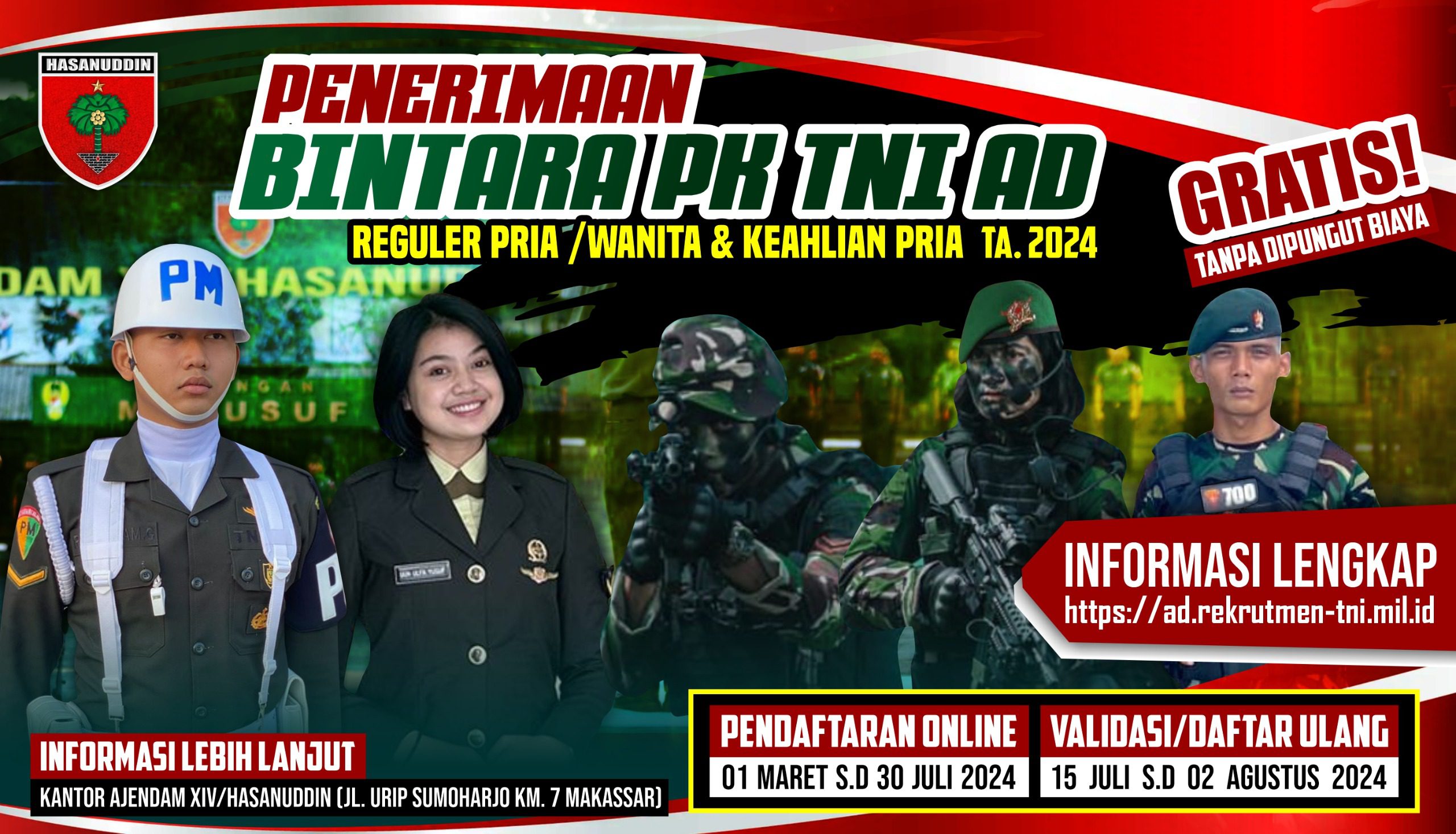 Pendaftaran Calon Bintara PK TNI AD Reguler Pria/Wanita dan Keahlian Pria TA 2024 Resmi Dibuka ...